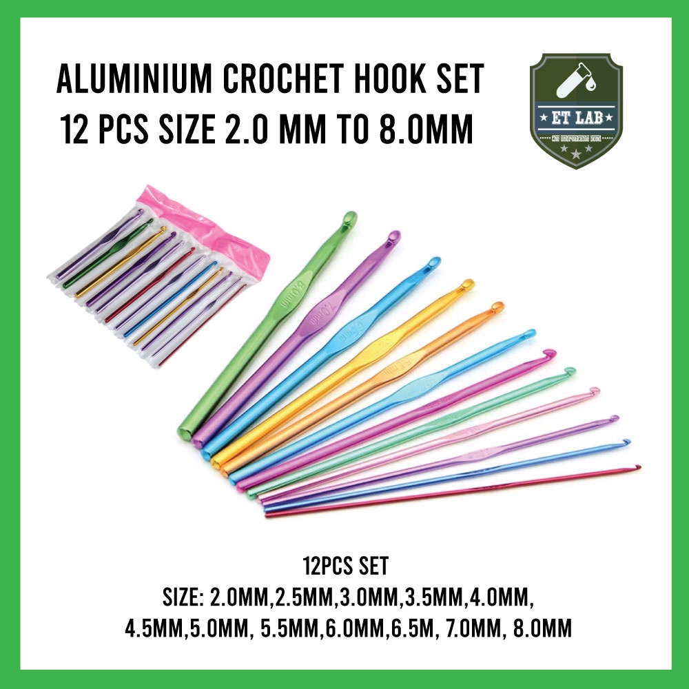 12 Pcs Aluminium Crochet Hooks Set /Jarum Kait / Crochet Hooks Needles ...