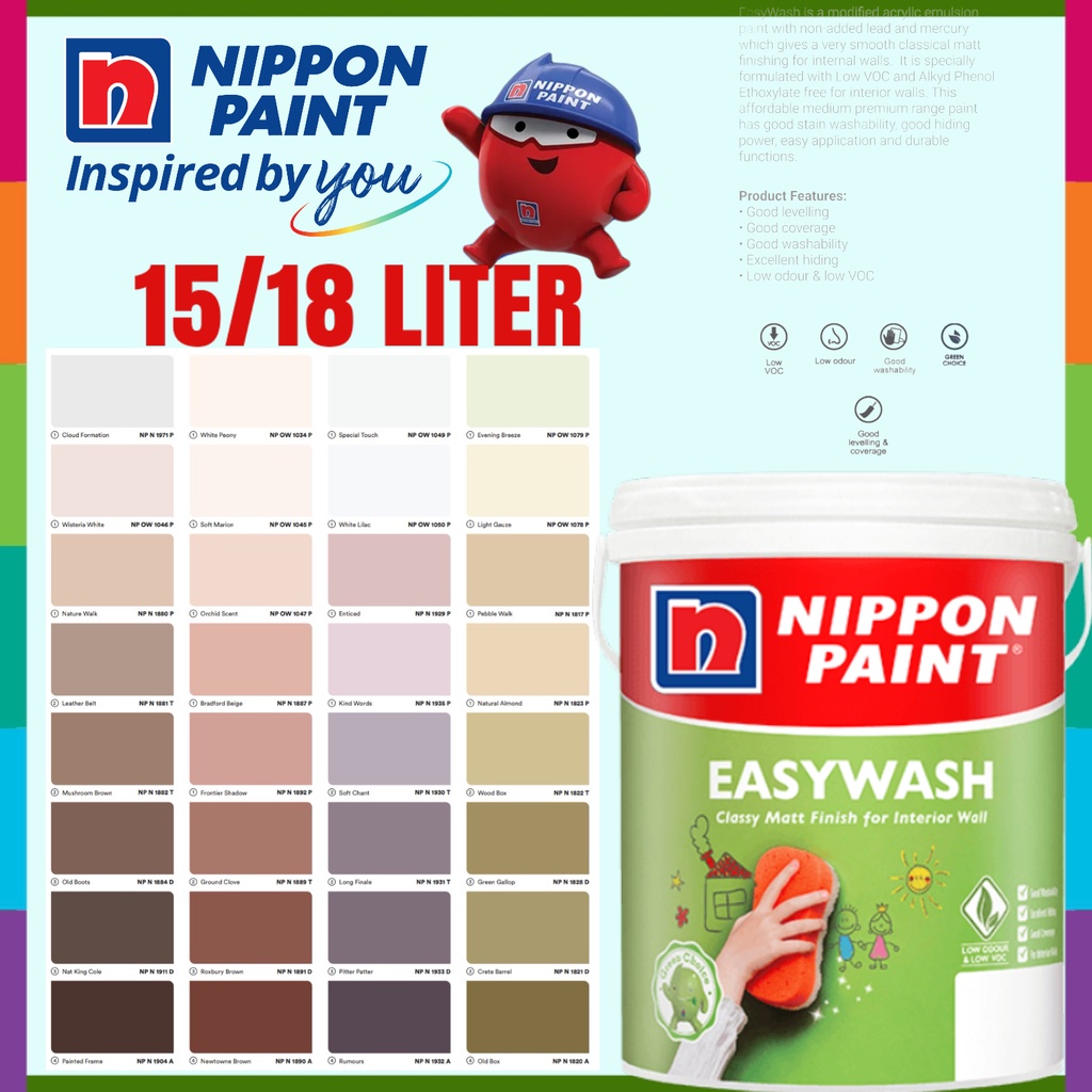 🔥 FOC FREE GIFT 🔥15/18L NIPPON EASY WASH INTERIOR MATT WASHABLE PAINT ...