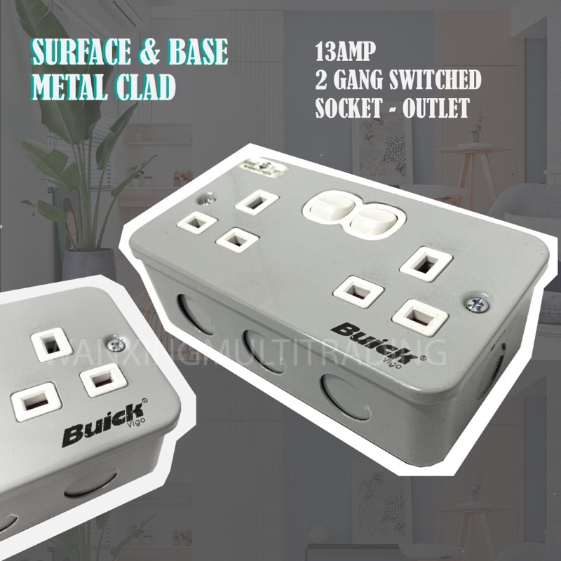 Buick 13A 2 Gang Switch Socket Outlet 3 Pin UK Plug Metal Box Trailing ...