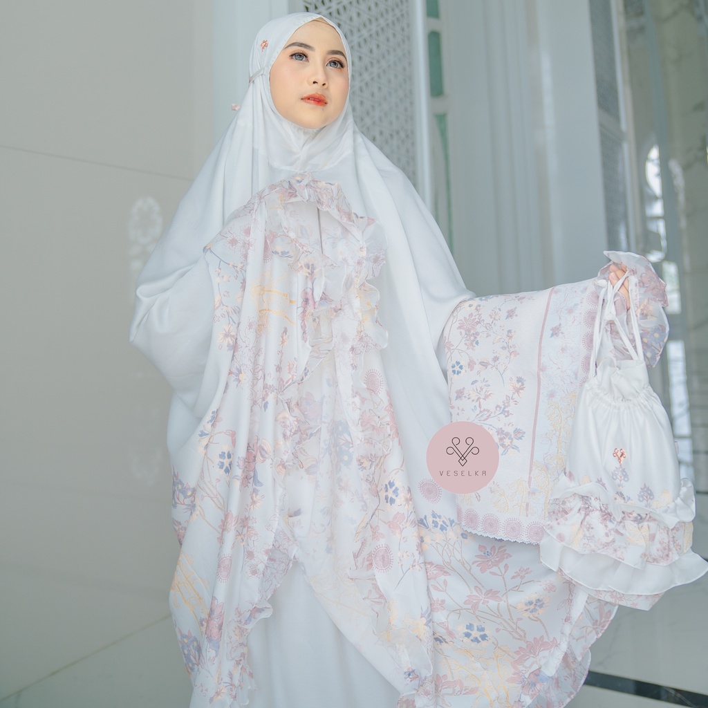 Veselka Iznik Beyaz Mukena Travel Adult Motif Printing Sajadah Wedding ...