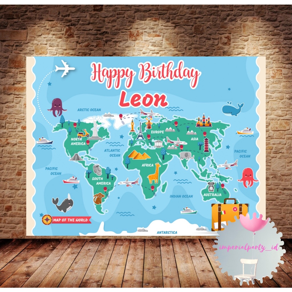 Custom Backdrop Banner Happy Birthday World Map Atlas World Map ...