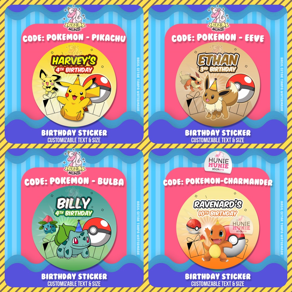 Custom Birthday Sticker - Pokemon Pikachu Pichu (20pcs) Bulbasaur Eeve ...