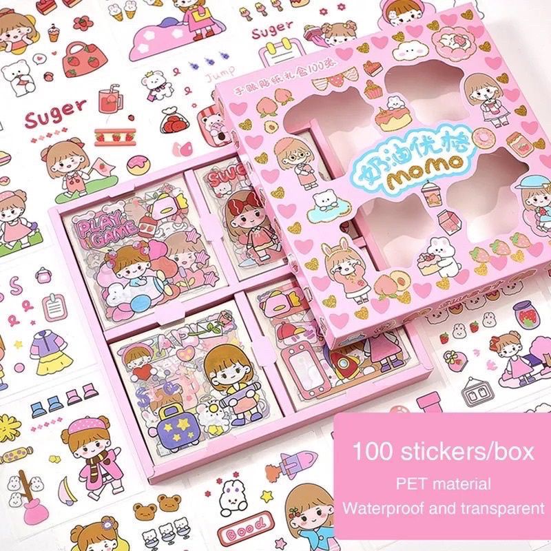 [LB] 100 Sheets Cute Korean Cartoon Motif Stickers waterproof MOMO ...