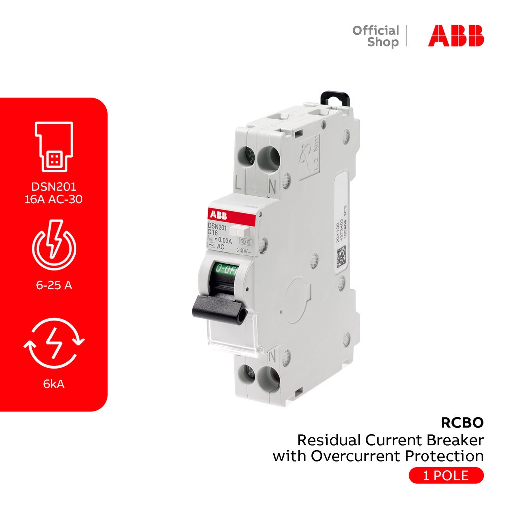 ABB RCBO SLIM 2 POLE 16 A 230V AC 6KA DSN201C16AC30 2CSR255050R1164 ...