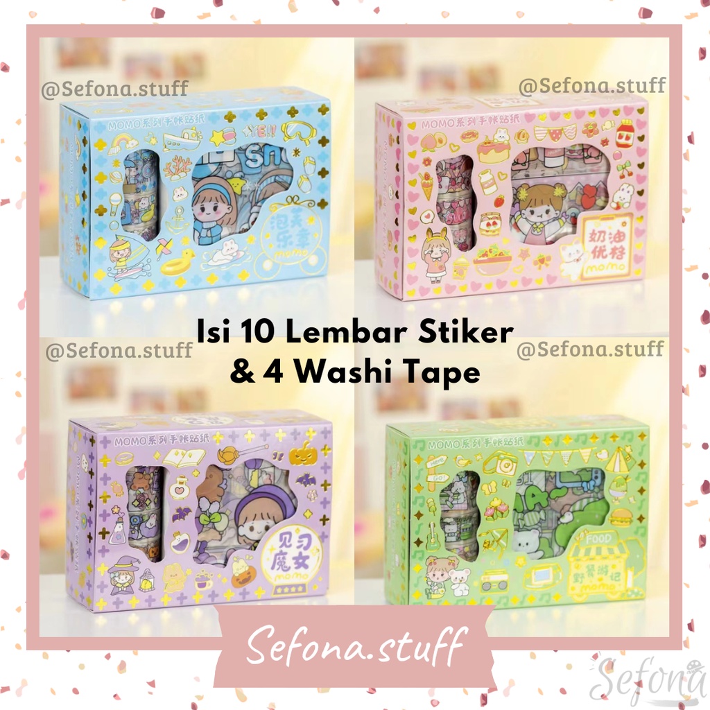 HP [10 Stickers & 4 Washi Tape] Momo Cartoon Motif Box Stickers ...