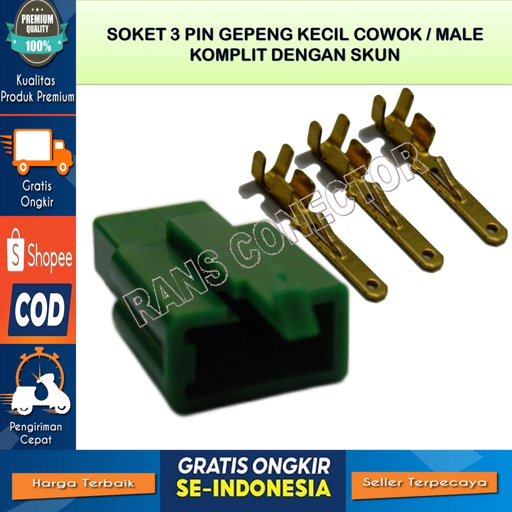 HIJAU Original Male Small 3 pin Flat Cable Socket Complete with Green ...