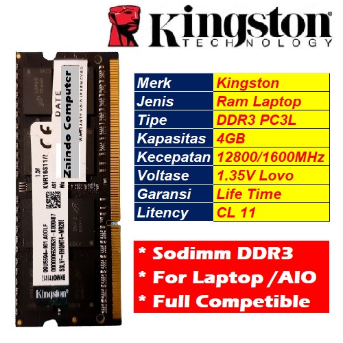 Kingston SODIMM DDR3 4GB PC3L 12800/1600 MHz 1.35V - MEMORY LAPTOP DDR3 ...
