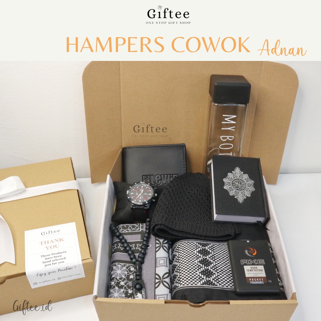 Hampers FOR GUYS ADNAN ALQURAN SAJADAH SARUNG TASBIH WATCH WALLET DRINK ...
