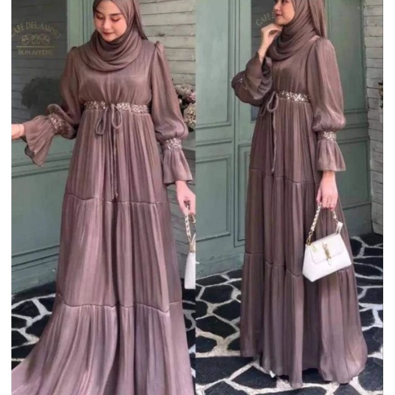 Long dress lebaran Drawstring Waist Strap Plain motif Shimmer yoryou ...