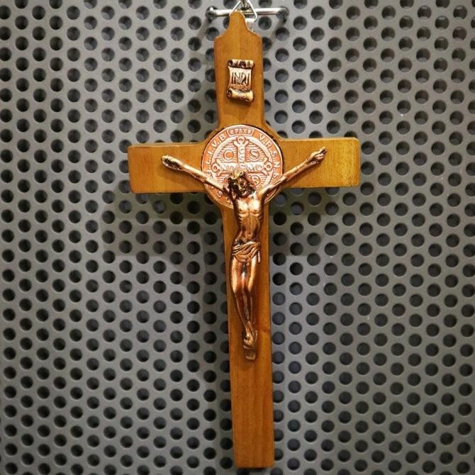 KAYU Teak Wood Catholic Hanging Cross Benedict 20cm Iron Corpus Medal ...
