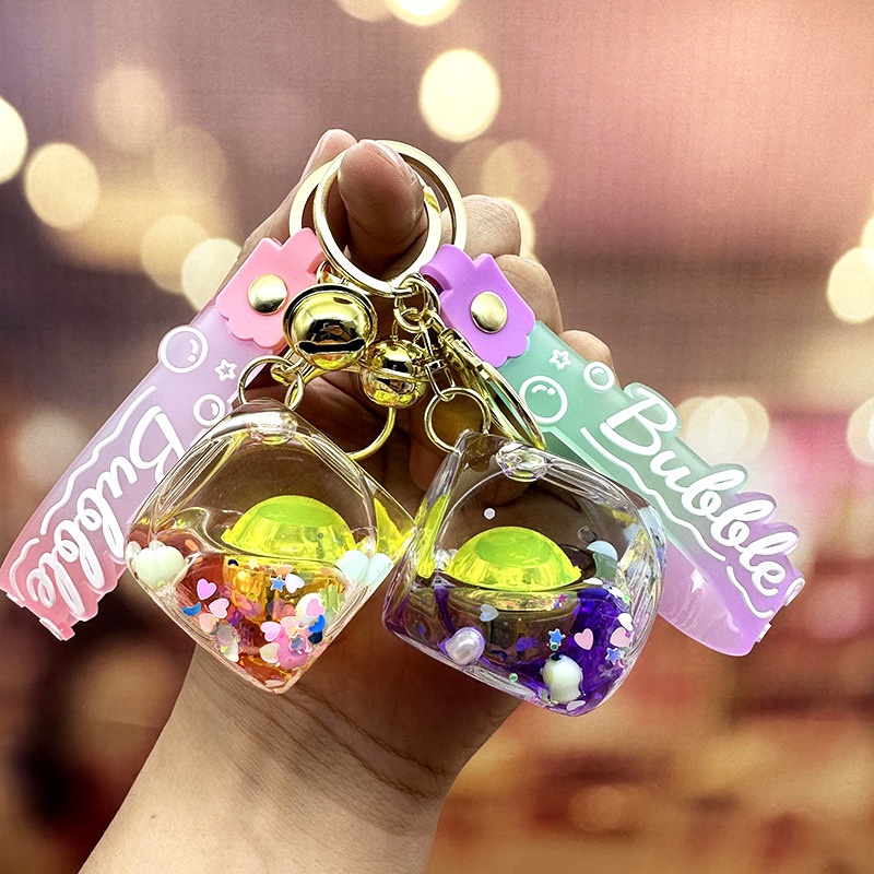 Oil Luminous Flashing Light Square Drift Bottle Keychain Liquid ...