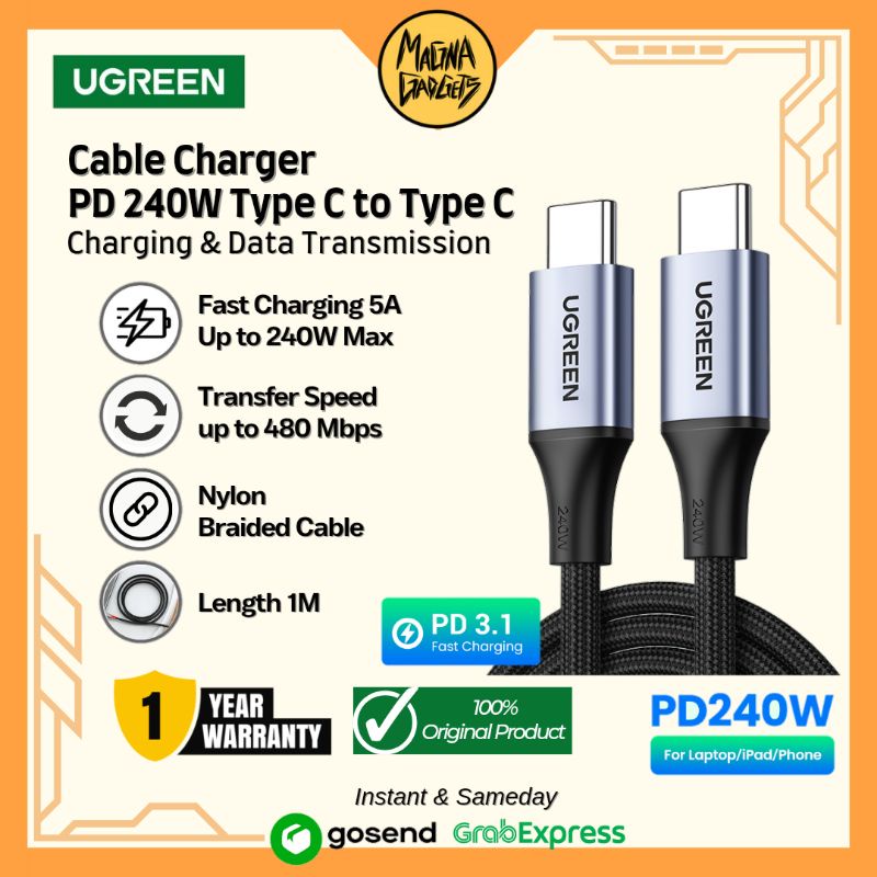 UGREEN Type C to Type C PD 240W Fast Charging Nylon Braided Data Cable - 15311 | Shopee Malaysia
