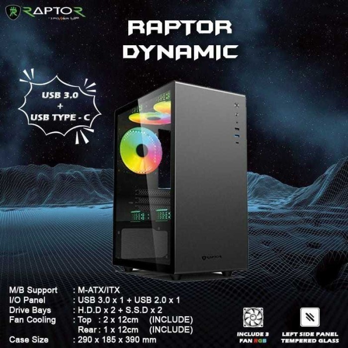 Casing Pc Computer Raptor Dynac M Atx Usb Type-C Gang Case+3 Fan ...