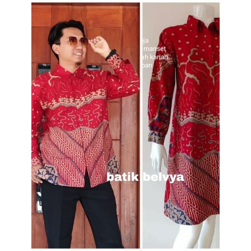 CAHAYA MERAH KEMEJA Red fiber motif batik couple set / sragen batik ...