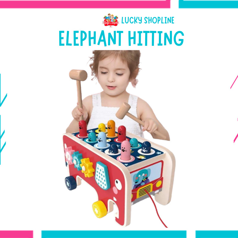 Elephant hitting hamster wooden knock toys pull push truck xylophone ...