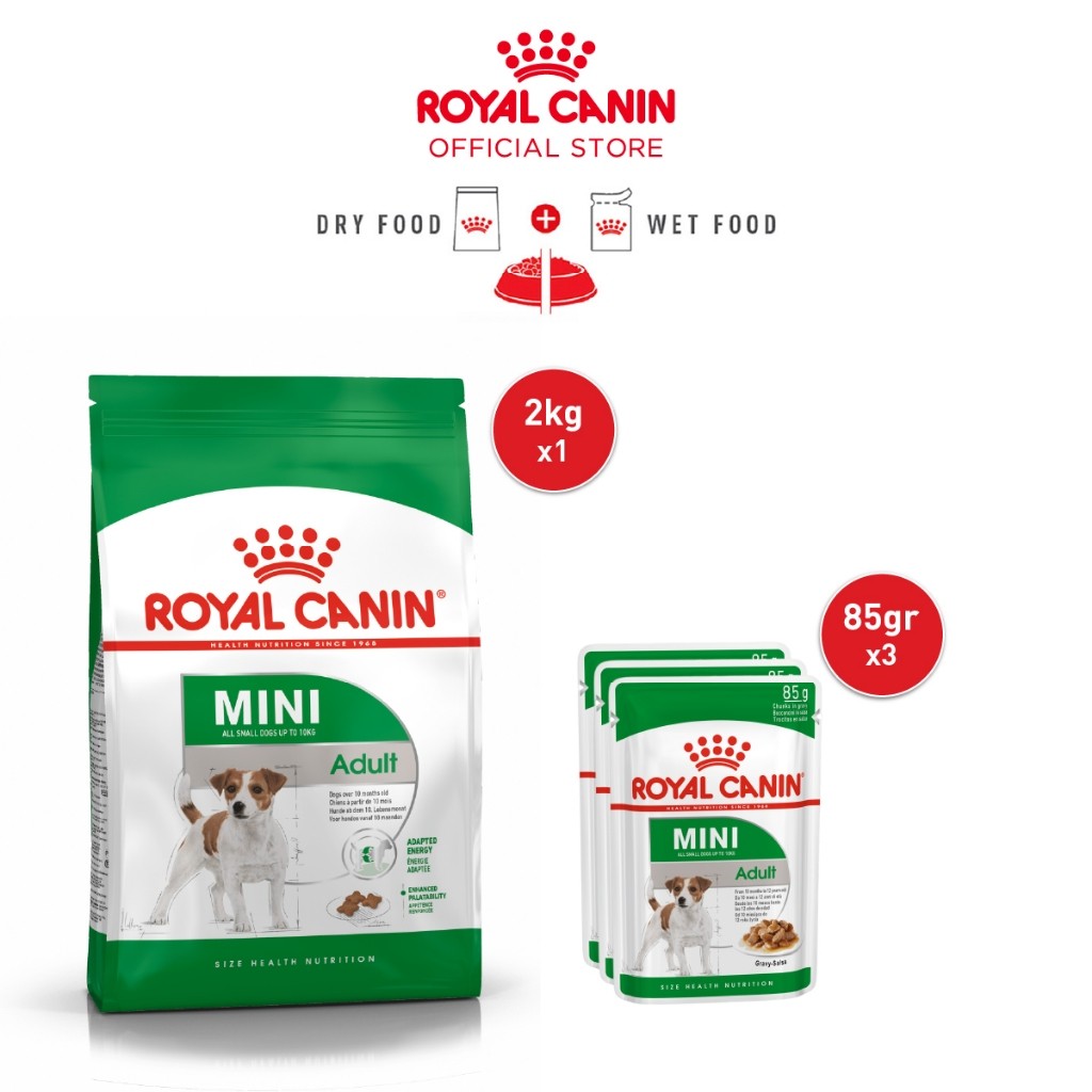 Royal Canin Mini Adult (2kg) Dry + (85gx 3 packs) Wet Dog Food - Mixed ...