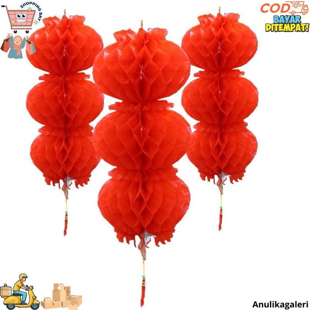 MERAH Round Lantern 3 Layers Honeycomb Tier Red Plastic Decoration ...