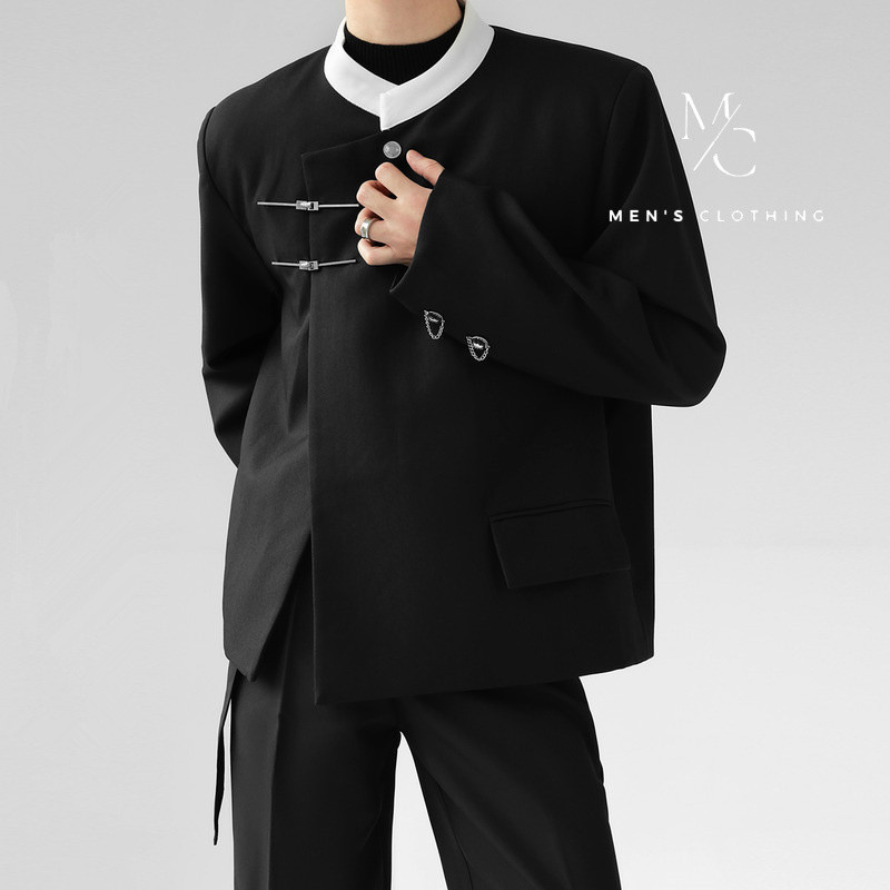Chinese suit jacket suit design metal button stand collar Zhongshan ...