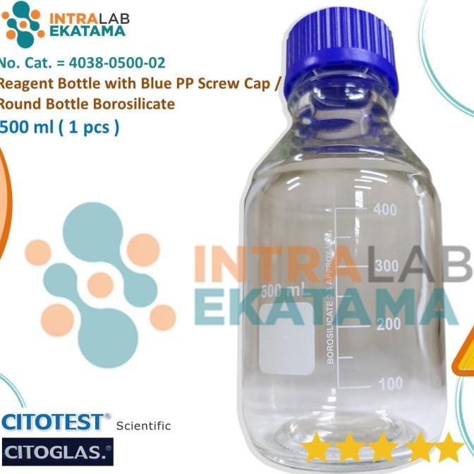 Lab Bottle, Round, Reagent Bottle Borosilicate with Blue PP Screw Cap ...