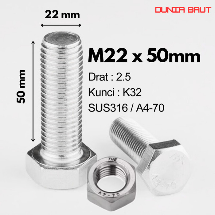 Ss316 Stainless Hex Bolt M22X50 - Hexagon Bolt 22X50 / M22 X 50 / 22 X 50 SUS316 / A4-70 Full ...