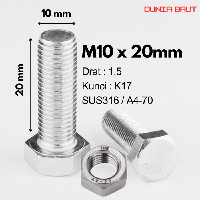 Ss316 M10X20 Stainless Hex Bolts - 10X20 / M10 X 20 / 10 X 20 SUS316 / A4-70 Full Drat | Shopee ...
