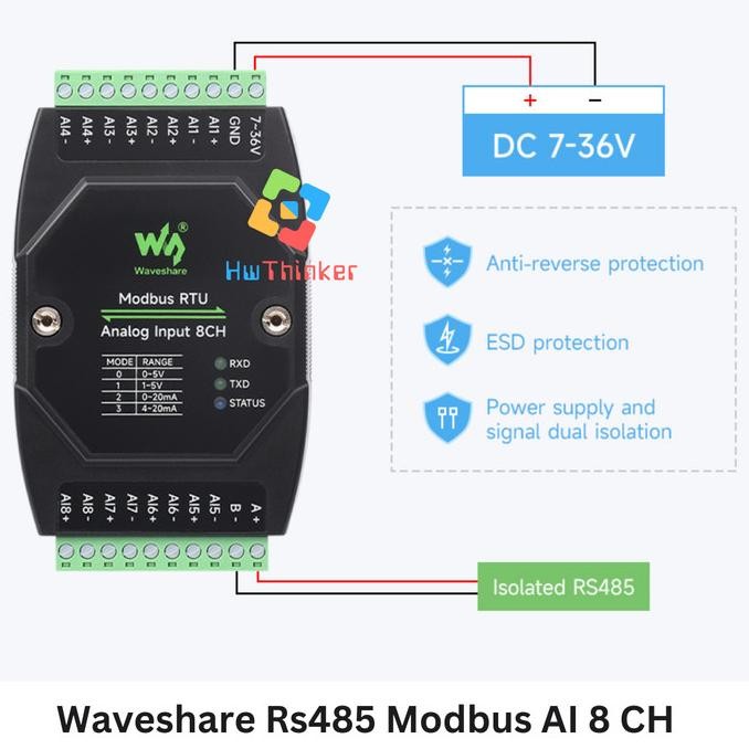Waveshare Modbus RTU RS485 8 CH Analog Input 8AI Isolated Current 0-20mA 4-20mA DIN RAIL ...