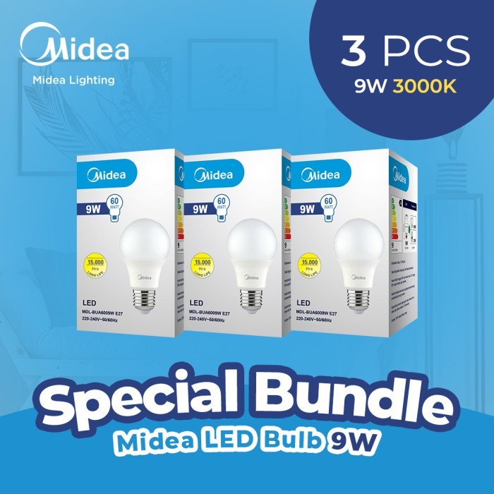 [Bundle] Midea LED Bulb Lamp 9 Watt 3000K - Yellow - Warm White - 3 pcs ...