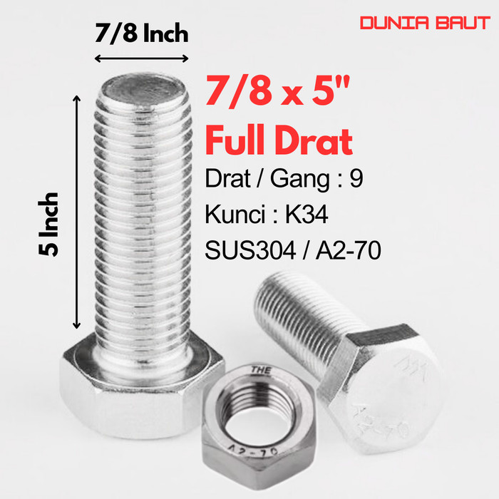 Stainless Hex Bolt 7/8 X 5 - Hexagon Bolt 7/8X5 SS304 / SUS304 / A2-70 Full drat | Shopee Malaysia
