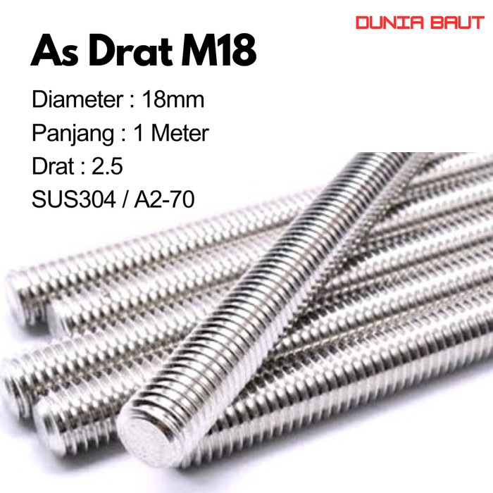 Asdrat M18 / Long thread M18 / Stud bolt M18 / As drat M18 x 1 Meter Stainless SS304/SUS304/A2 ...