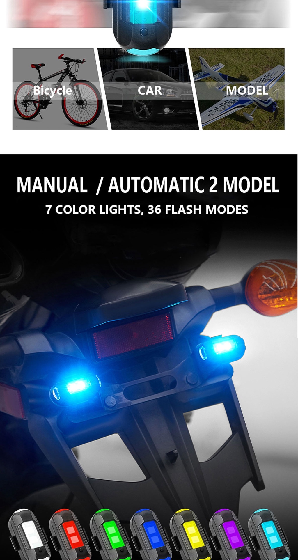 7 Color Magnetic remote control Rechargeable Flashing Aircraft Light For motorcycle Bike Tail ...