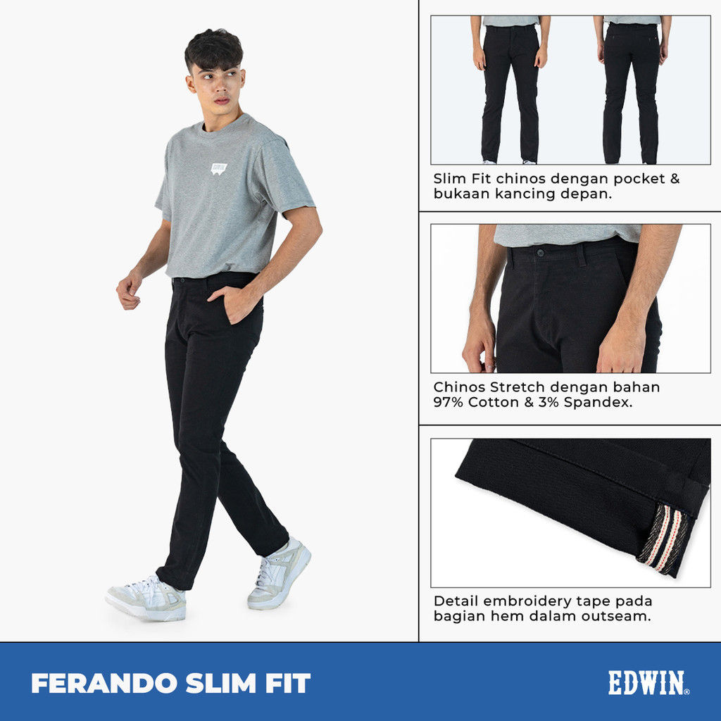 EDWIN JEANS - FERANDO JET BLACK Men's Slim Fit BLACK Chinos Pants ...