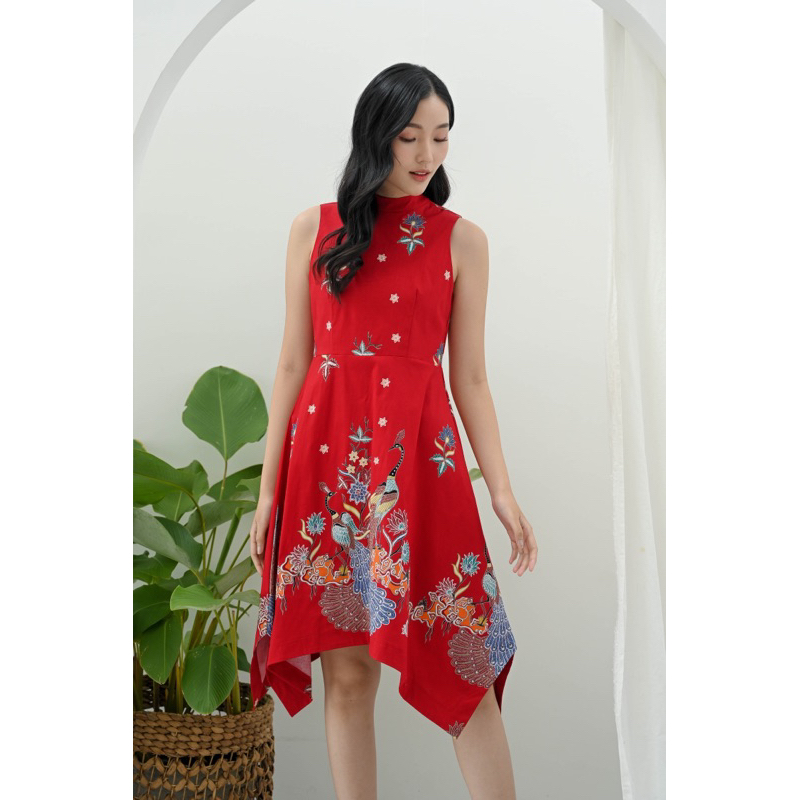 MERAH Women's asymmetric sleeveless batik dress / women's red batik ...