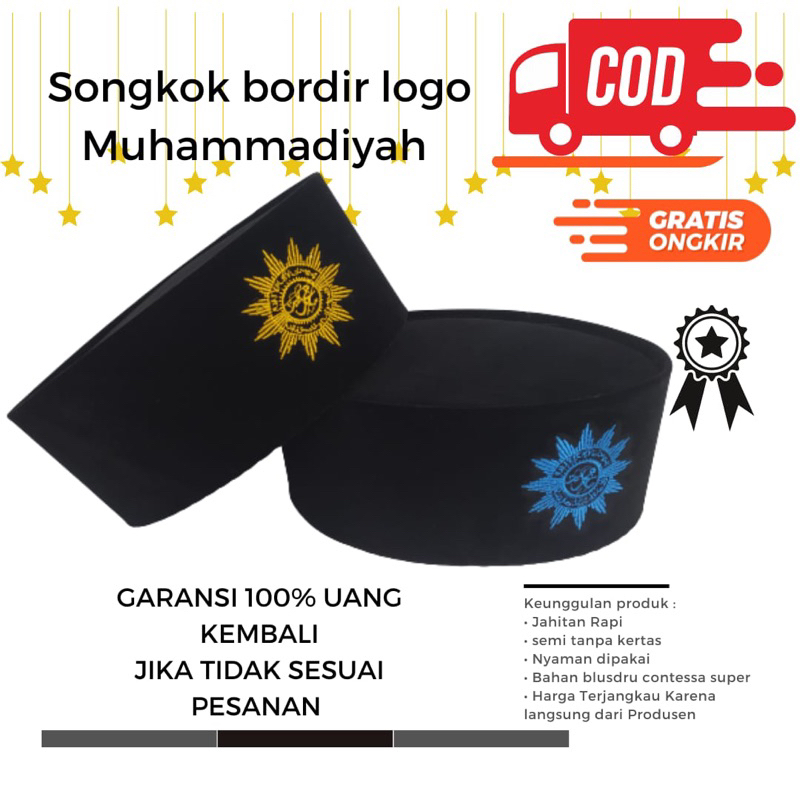 HITAM Muhammadiyah logo Embroidery songkok | Muhammadiyah Cap songkok ...