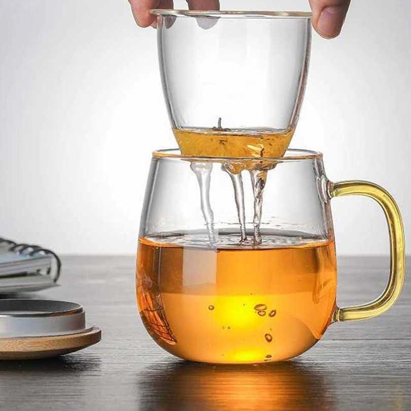KAYU Tea Cup Glass with Wooden Lid Infuser Filter Teas Cup / Unique ...