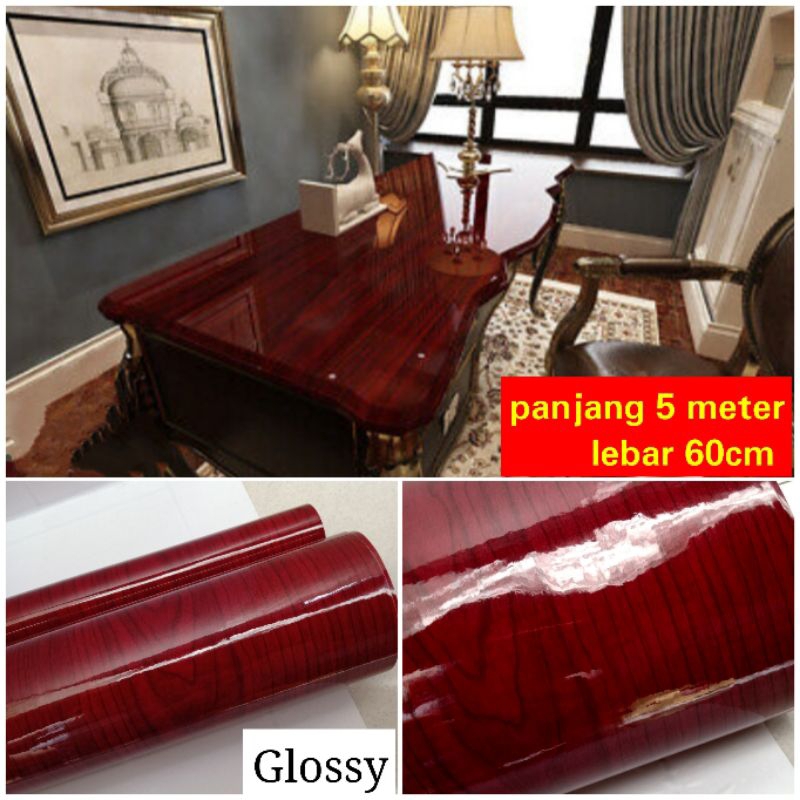 KAYU 60cm x 5meter wallpaper sticker glossy maroon Wood motif sticker ...