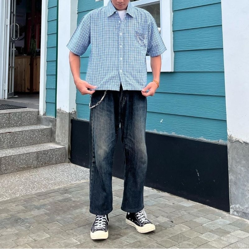 Workshirt OVERSIZE SEMI CROP FLANNEL LIGHT BLUE BOXY FIT by baranuid ...