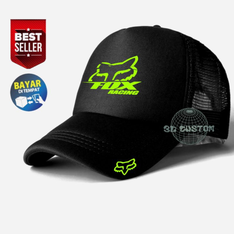 Cool Fox Racing Logo Net Trucker Distro Hat Text Yellow Neon Premium ...