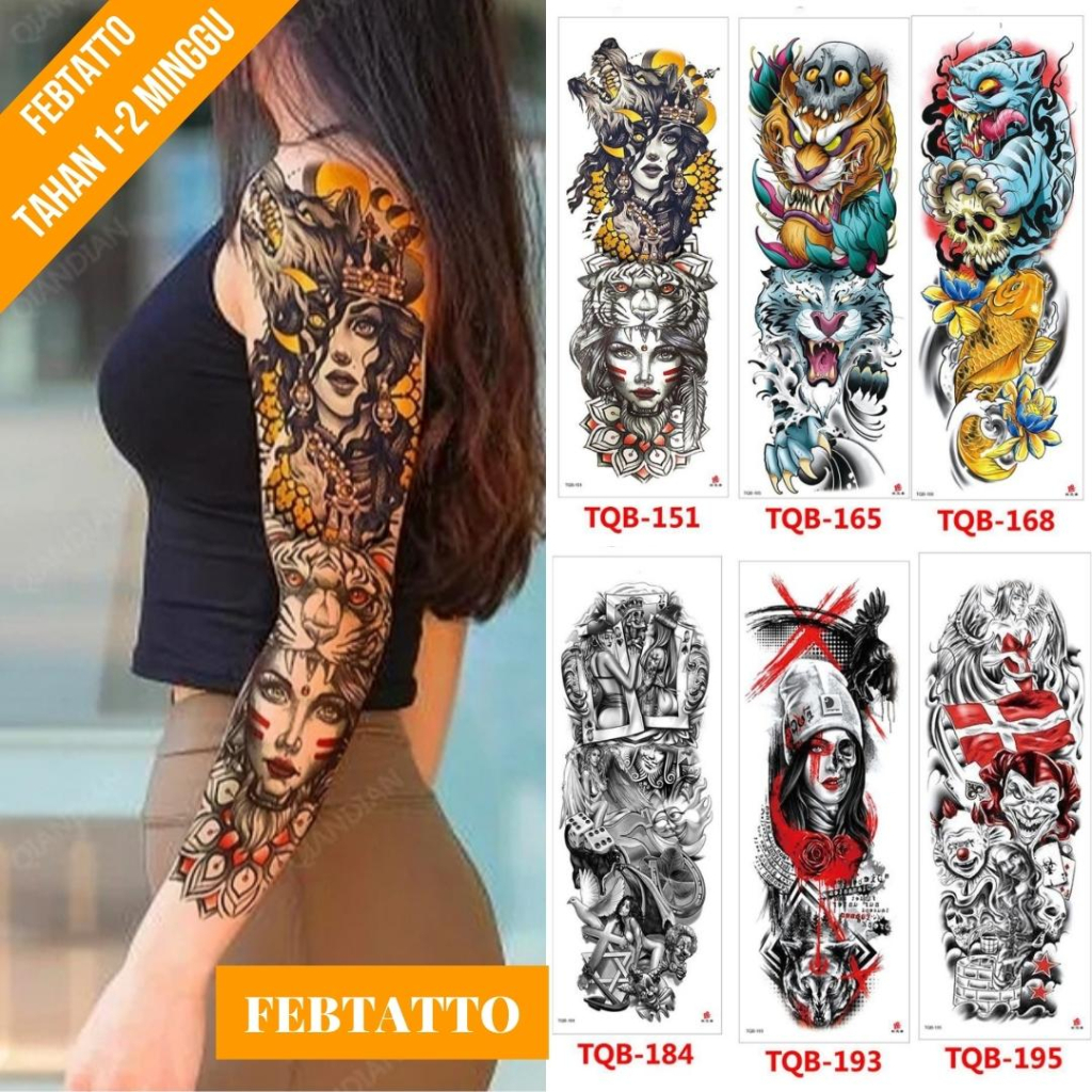 Full Arm Temporary Tattoo Size 17cm x 48cm Motif Women Wolf Tiger TQB ...