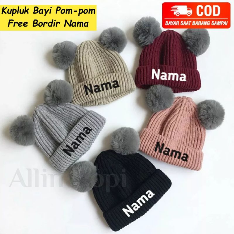Cute pom-pom Baby Beanies Free Name Embroidery/Name Embroidered pom-pom ...