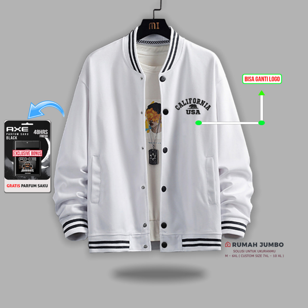 PUTIH Usa Oversize White Button Varsity Jacket (M - 6XL) Custom ...