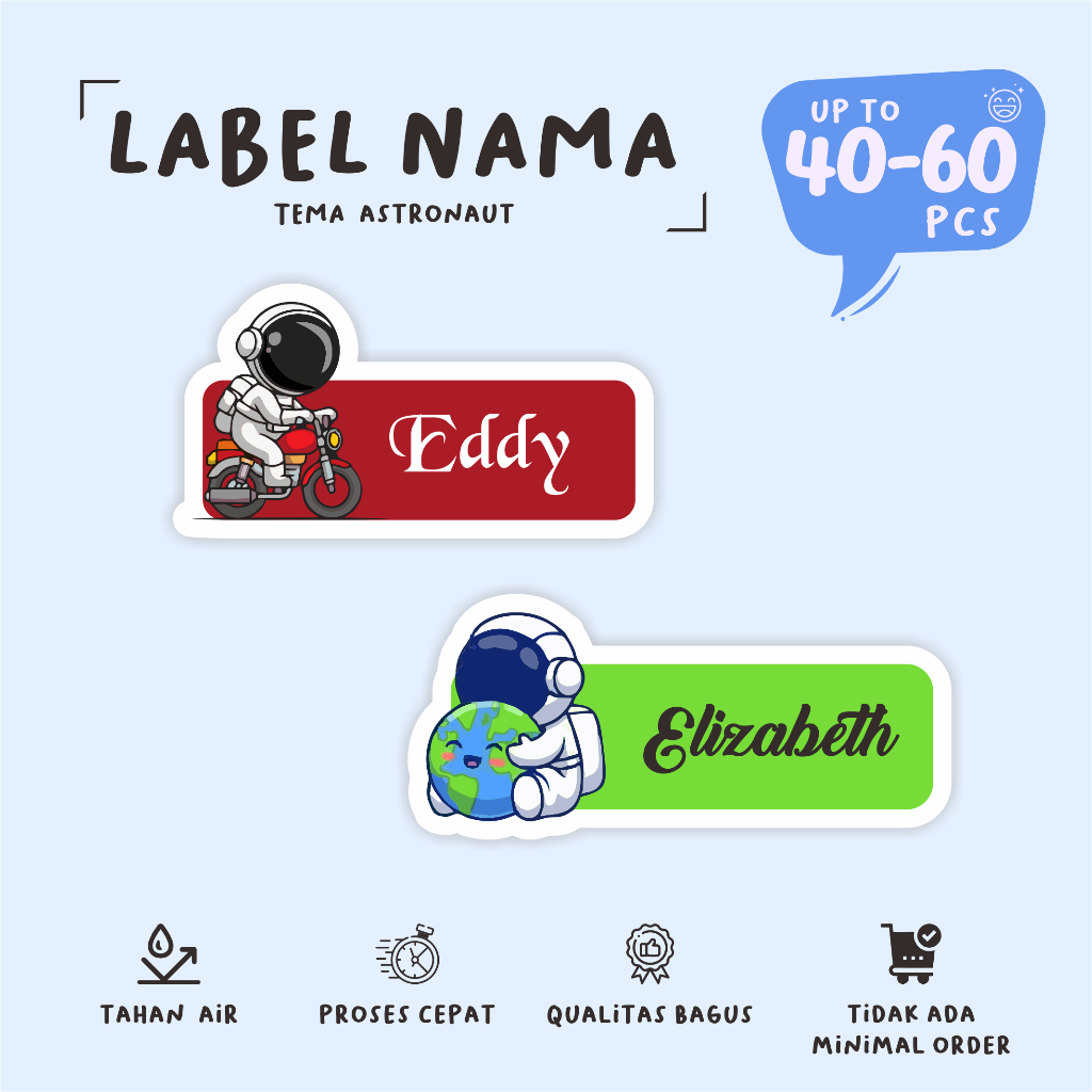 (40-60Pcs) Cute ASTRONAUT Name Sticker Print |Name label/ waterproff ...