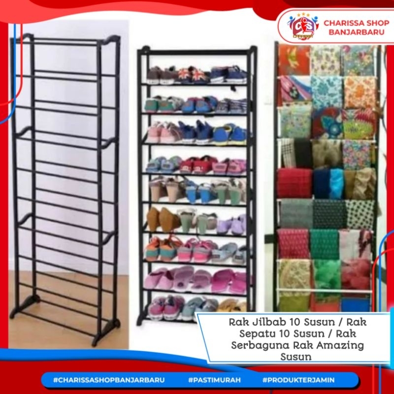 GANTUNGAN 10 Tier Hijab Rack / 10 Tier Shoe Rack / Multipurpose Shelf ...