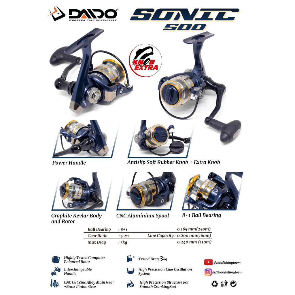 Daido SONIC 500 POWER HANDLE 8+1 BB RATIO 5.1:1 EXTRA FREE COVER KNOB ...