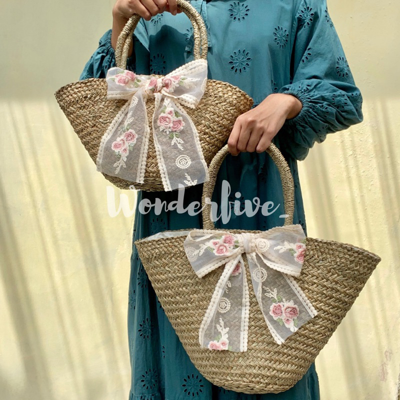 Mendong Pandan Woven Bag Decorated with Ribbon Lace Rose Traditional ...
