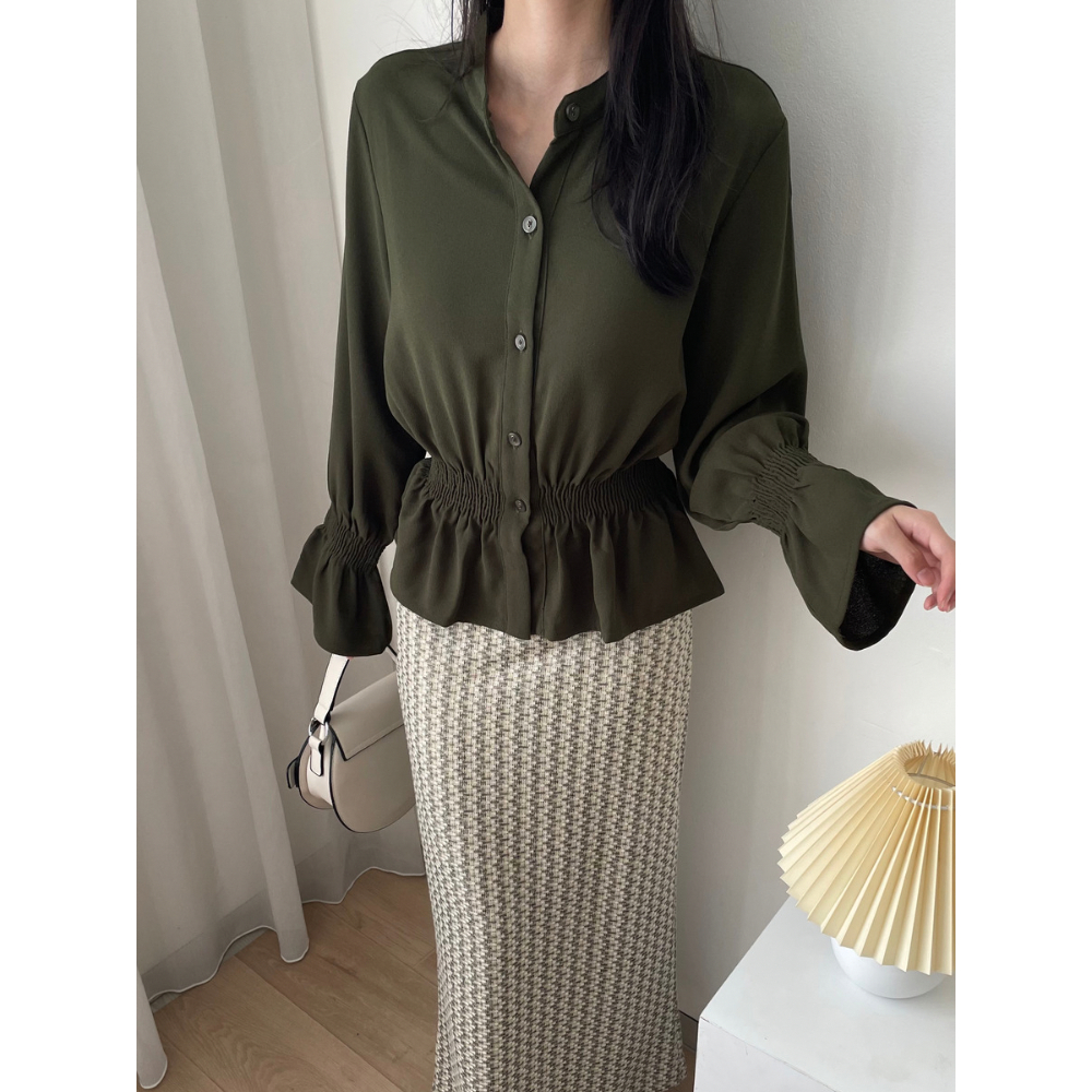 [Sale] T-0462 Top Long Sleeve Smock Detail Women Semi Peplum | Shopee ...
