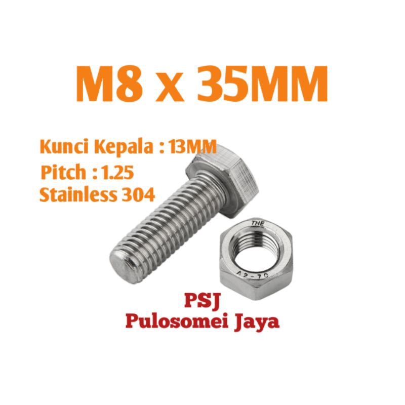 M8 x 35 mm Stainless Nut Bolt / 304 Stainless Steel Nut Bolt | Shopee ...