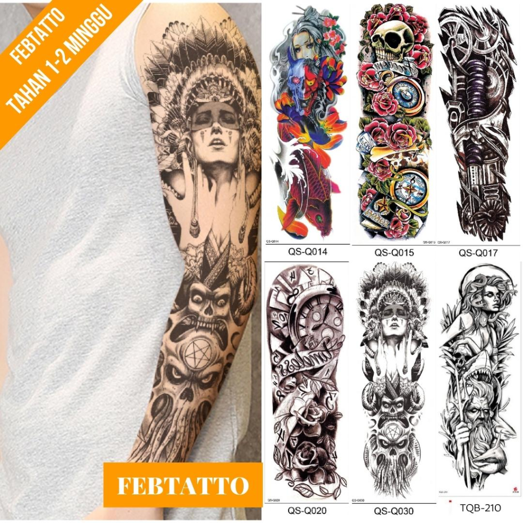 Full Arm Temporary Tattoo Size 17cm x 48cm Motif Women Tribal Monster ...