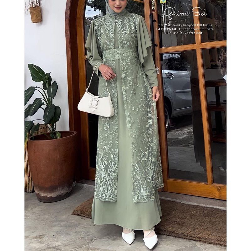 Jumbo BROKEN GAMIS BY GHINA PARTY GAMIS BAJU GREEN SAGE MODEL SET INNER ...