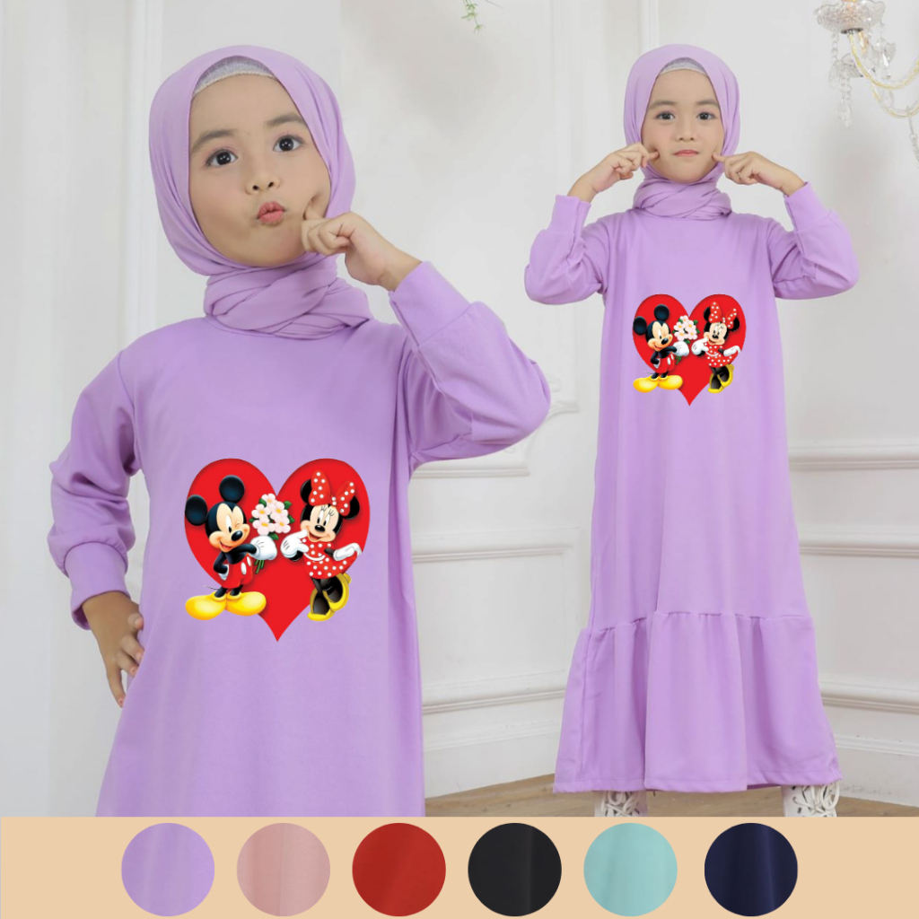 Gm019 - Gamis Daster For Girls With Miki Minie Motif Screen Printing ...