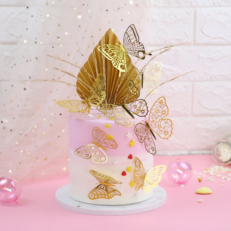 (1 Set OF 12) 3D GOLD BUTTERFLY SHAPED CAKE DECORATION TOPPER | Cake ...